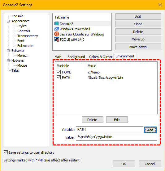 Settings Tabs Environment ConsoleZ Documentation